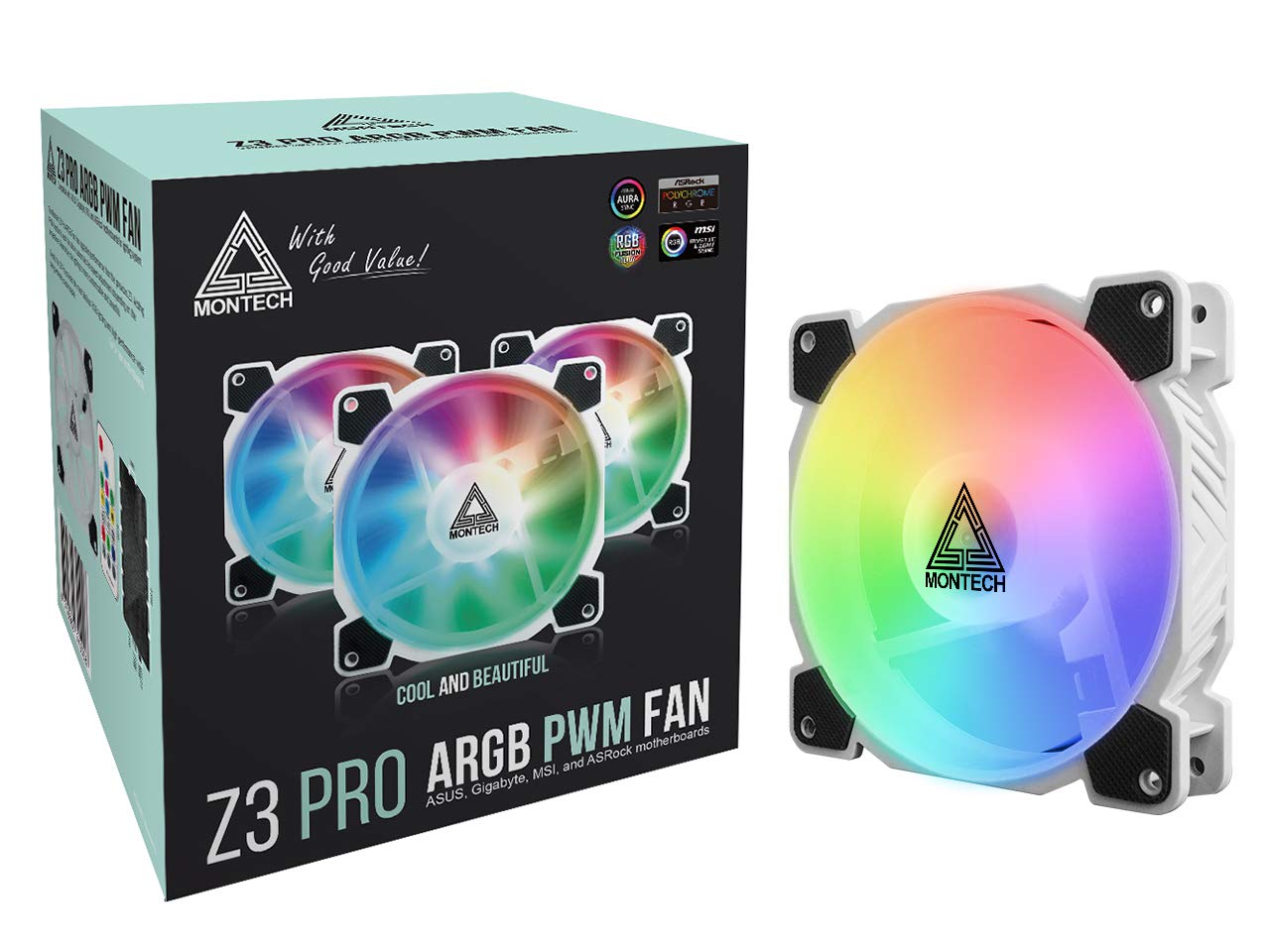 Montech Z3 PRO Addressable RGB 120mm Fan, 3 Pack with Lighting Controller, PWM Control for Computer Case, ARGB Remote Controller, Programmable Lighting Effects, White Fan Frame