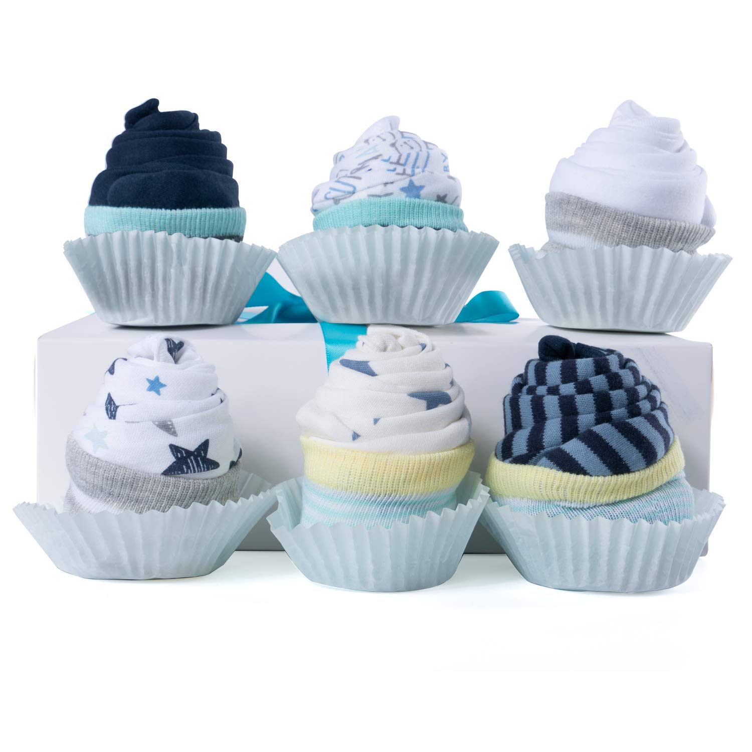 Lily and Page Baby Boy Gift Basket, Newborn Boys Bodysuits Cupcake Essential Shower Gift Set