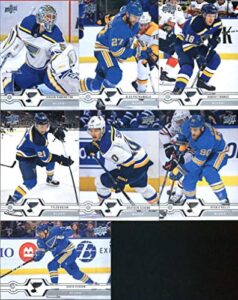 2019-20 upper deck series 1 & 2 veteran st. louis blues team set of 13 cards: ryan o'reilly(#117), brayden schenn(#118), tyler bozak(#119), robert thomas(#120), david perron(#121), alex pietrangelo(#122), jordan binnington(#123), vladimir tarasenko(#368),