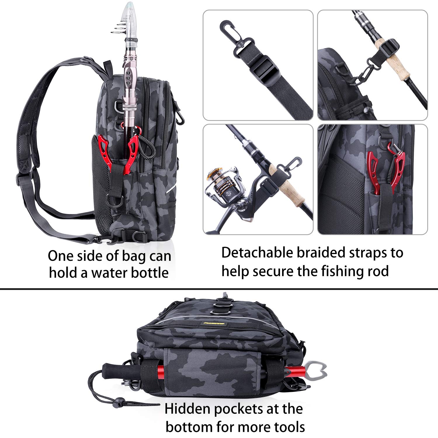 PLUSINNO Fishing Backpack Tackle Bag, Water-Resistant Fishing Backpack with Rod Holder, Large Fishing Bag for Fishing Gear, Ideal Fishing Gifts for Men I