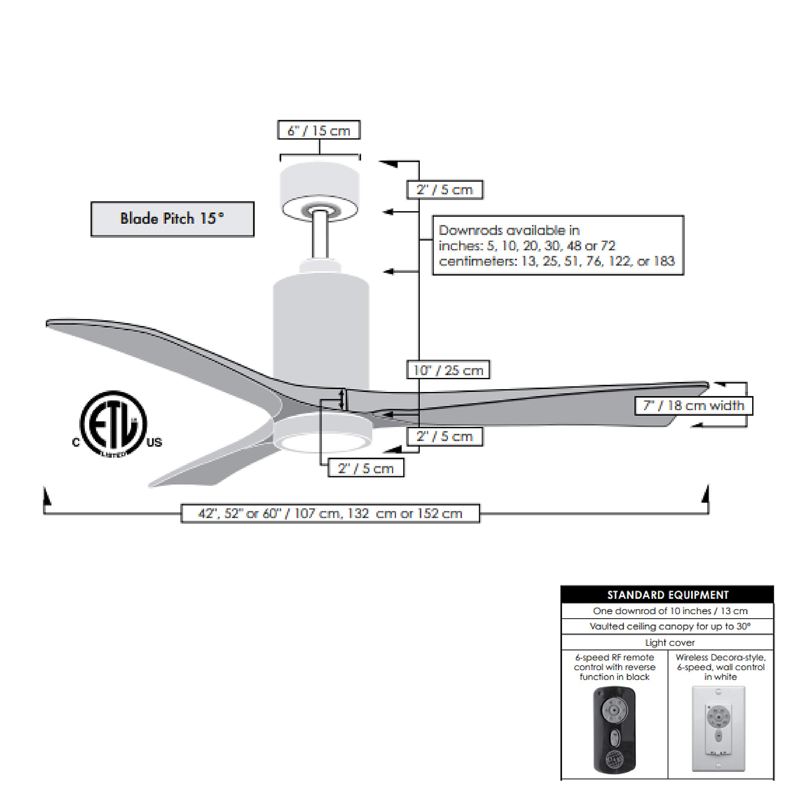 Matthews PA3-BK-BK-52 Patricia Indoor/Outdoor Damp Rated 52" Ceiling Fan with LED Light and Remote & Wall Control, 3 Wood Blades, Matte Black