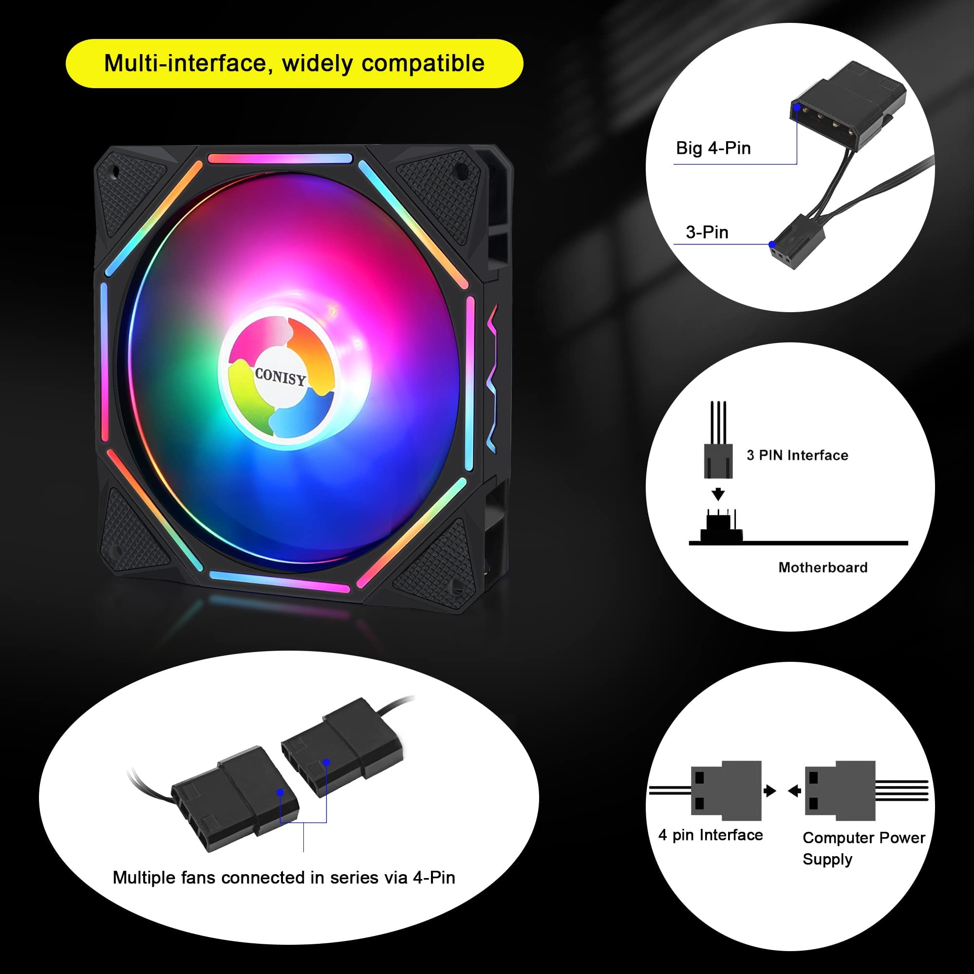 Conisy RGB LED Series 120mm Case Fan for Computer Case, Unique Ultra Quiet Long Life Gaming PC Cooling Fan - Colorful (2Pack)