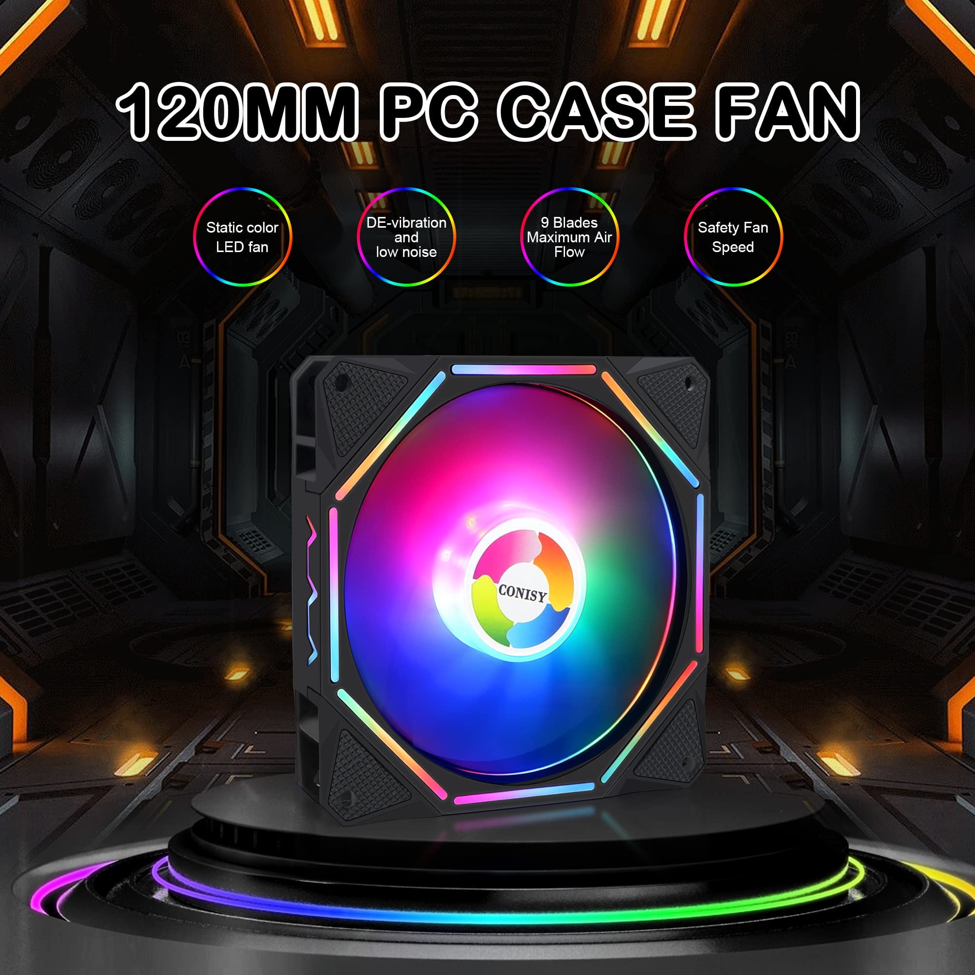 Conisy RGB LED Series 120mm Case Fan for Computer Case, Unique Ultra Quiet Long Life Gaming PC Cooling Fan - Colorful (2Pack)