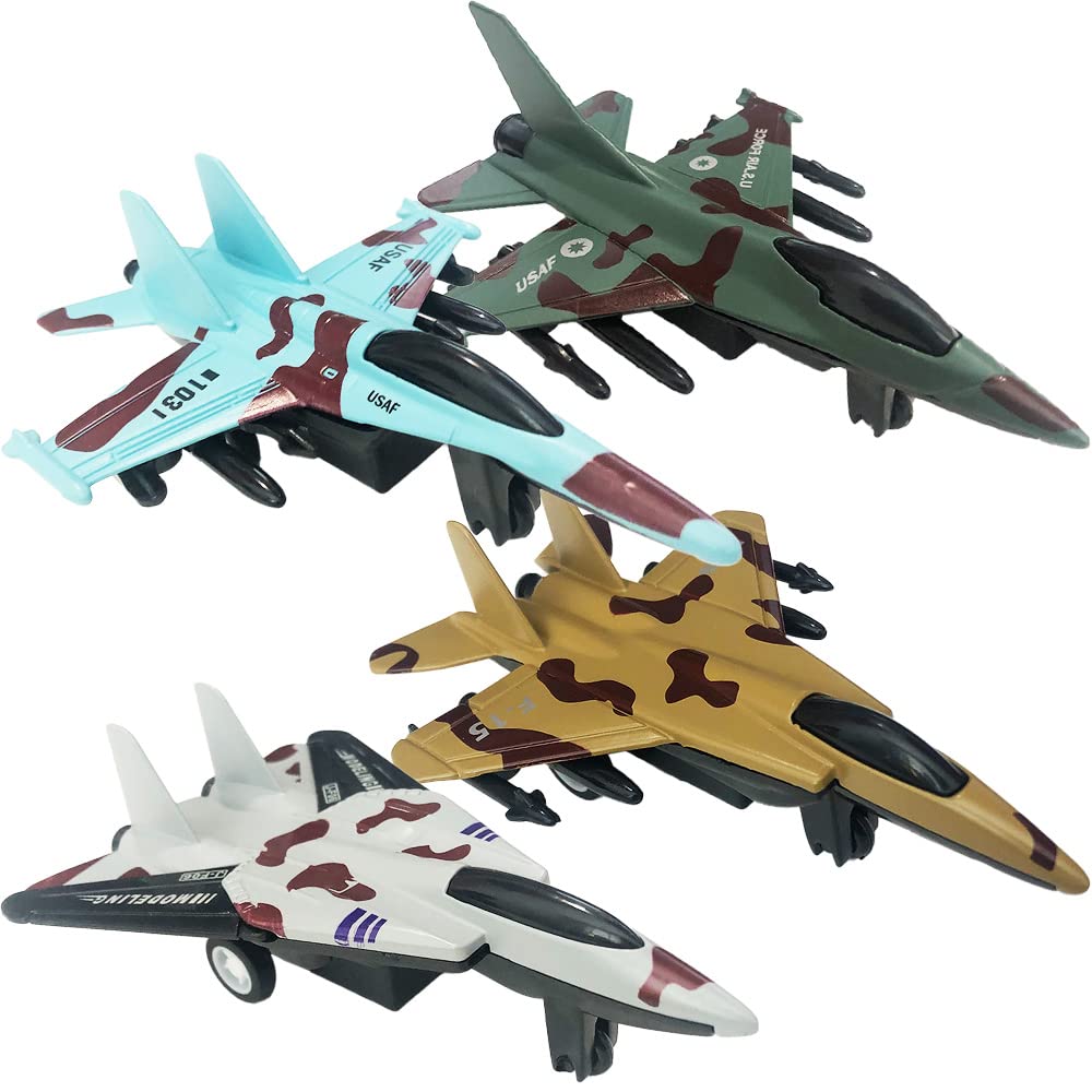 ArtCreativity Diecast Fighter Jets, Pullback Mechanism, Set of 4, Diecast Metal Jet Plane Fighter Toys for Boys, Air Force Military Cake Decorations, Pull Back Airplane Party Favor