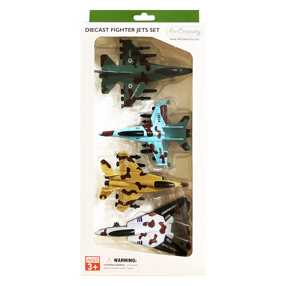 ArtCreativity Diecast Fighter Jets, Pullback Mechanism, Set of 4, Diecast Metal Jet Plane Fighter Toys for Boys, Air Force Military Cake Decorations, Pull Back Airplane Party Favor