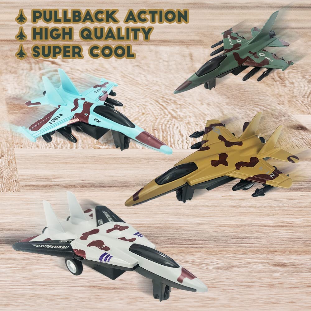 ArtCreativity Diecast Fighter Jets, Pullback Mechanism, Set of 4, Diecast Metal Jet Plane Fighter Toys for Boys, Air Force Military Cake Decorations, Pull Back Airplane Party Favor