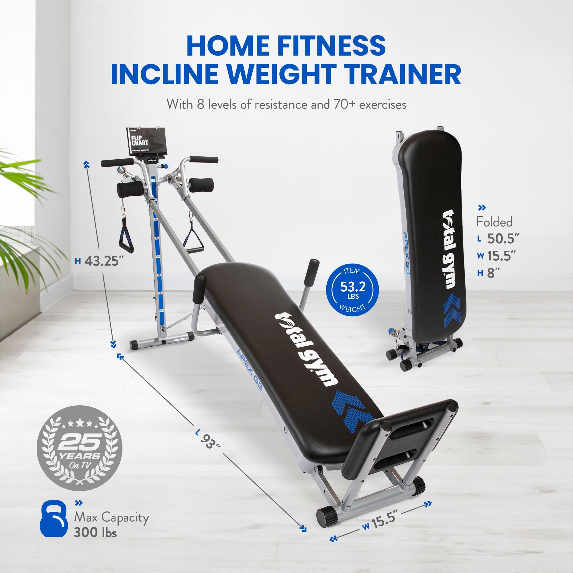 Total Gym APEX G3 Versatile Indoor Home Gym Workout Total Body Strength Training Fitness Equipment with 8 Levels of Resistance and Attachments