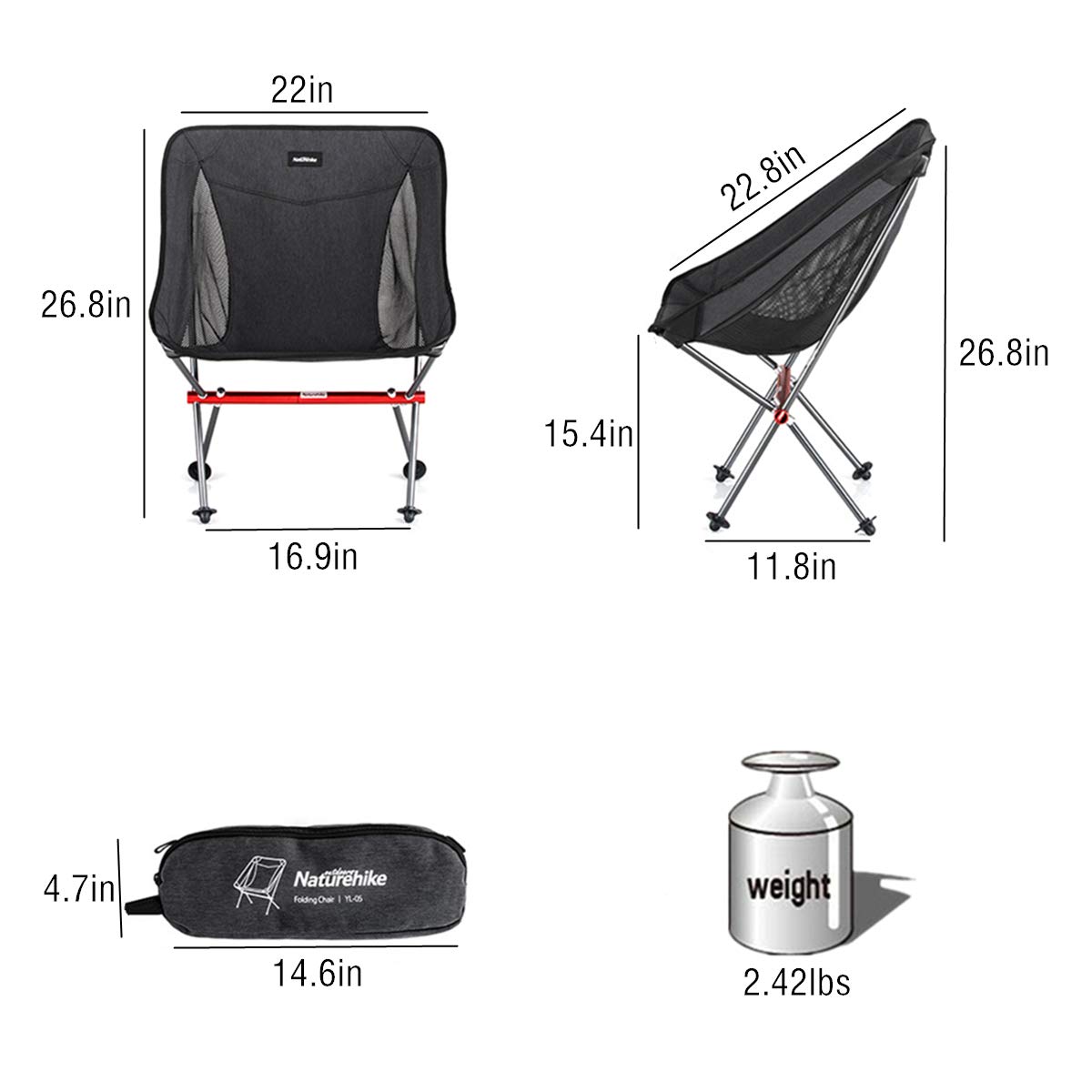 Naturehike Ultralight Folding Camping Chair,Backpacking Portable Hiking Chair Heavy Duty 300 lbs Capacity, Compact for Outdoor Camp,Fishing,Beach,Hiking,Hunting,Travel,Carry Bag Included