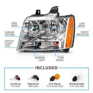 AmeriLite for Chevy 07-13 Tahoe/Suburban/Avalanche Factory Style Chrome Halogen Replacement Headlights Pair - Driver and Passenger Side