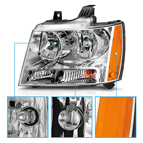 AmeriLite for Chevy 07-13 Tahoe/Suburban/Avalanche Factory Style Chrome Halogen Replacement Headlights Pair - Driver and Passenger Side