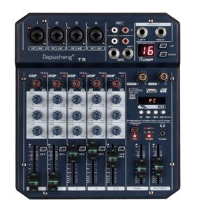 depusheng t6 audio mixer 6-channel dj sound controller interface with usb soundcard for pc recording, xlr microphone jack plus headphone jack, 5v usb power connect,fx 16bit dsp processor