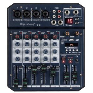 Depusheng T6 Audio Mixer 6-CHANNEL DJ Sound Controller Interface with USB Soundcard for PC Recording, XLR Microphone Jack PLUS HEADPHONE JACK, 5V USB Power CONNECT,FX 16Bit DSP Processor