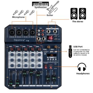 Depusheng T6 Audio Mixer 6-CHANNEL DJ Sound Controller Interface with USB Soundcard for PC Recording, XLR Microphone Jack PLUS HEADPHONE JACK, 5V USB Power CONNECT,FX 16Bit DSP Processor