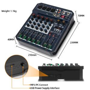 Depusheng T6 Audio Mixer 6-CHANNEL DJ Sound Controller Interface with USB Soundcard for PC Recording, XLR Microphone Jack PLUS HEADPHONE JACK, 5V USB Power CONNECT,FX 16Bit DSP Processor