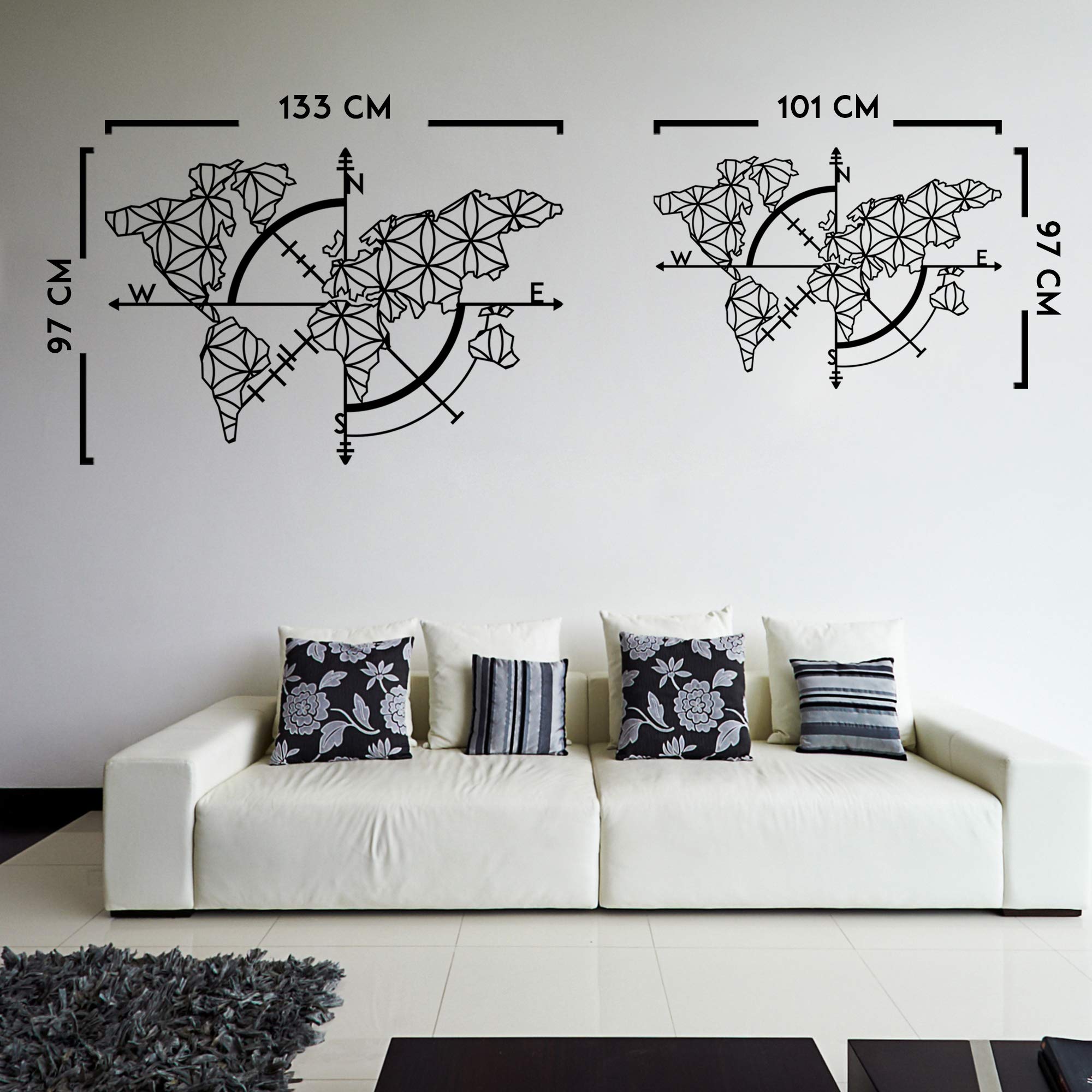 northshire Metal World Map Wall Art, Compass Wall Hanging Decor for Bedroom Kitchen Bathroom Living Room (Black 40"x 28")