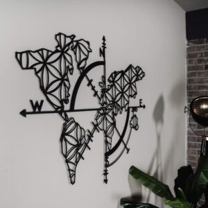 northshire Metal World Map Wall Art, Compass Wall Hanging Decor for Bedroom Kitchen Bathroom Living Room (Black 40"x 28")