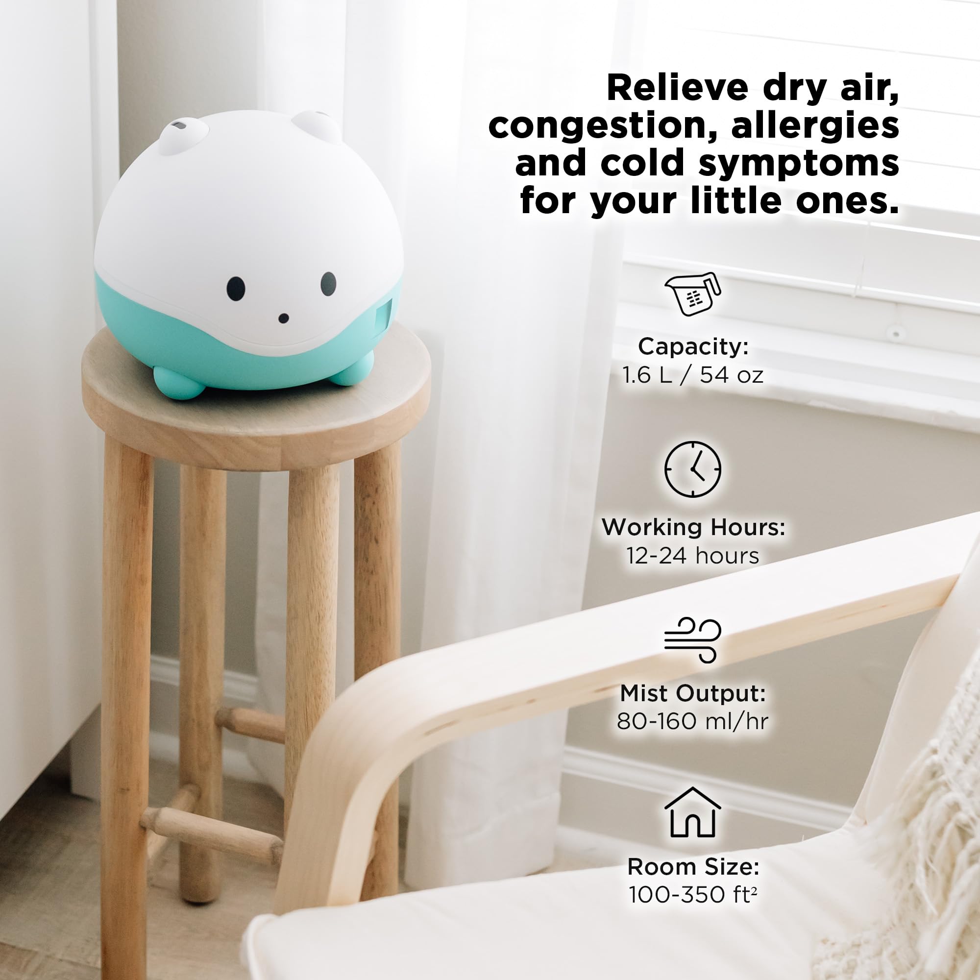 LittleHippo WISPI 3-in-1 Humidifier, Diffuser & Night Light for Baby/Kids - 3 Mist Strength, 7 LED Color Changing Lights, Essential Oil Tray for Aromatherapy - Cute Humidifiers for Bedroom/Nursery