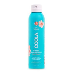 coola organic sunscreen spf 70 sunblock spray, dermatologist tested skin care for daily protection, vegan and gluten free, peach blossom, 6 fl oz