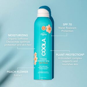 COOLA Organic Sunscreen SPF 70 Sunblock Spray, Dermatologist Tested Skin Care for Daily Protection, Vegan and Gluten Free, Peach Blossom, 6 Fl Oz