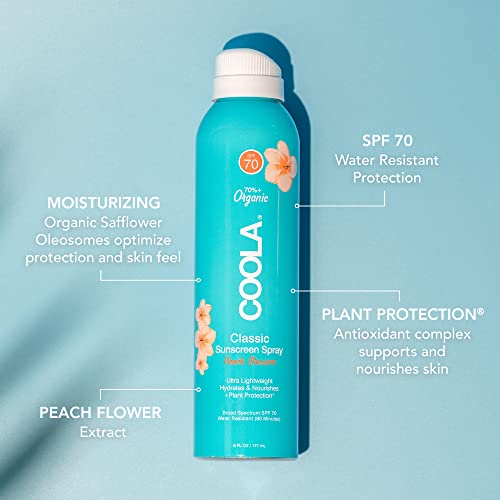 COOLA Organic Sunscreen SPF 70 Sunblock Spray, Dermatologist Tested Skin Care for Daily Protection, Vegan and Gluten Free, Peach Blossom, 6 Fl Oz