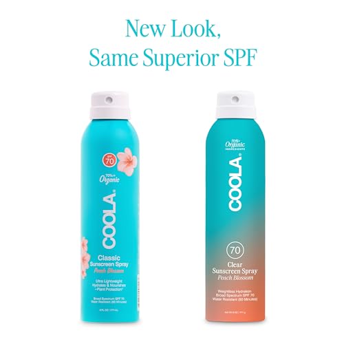 COOLA Organic Sunscreen SPF 70 Sunblock Spray, Dermatologist Tested Skin Care for Daily Protection, Vegan and Gluten Free, Peach Blossom, 6 Fl Oz