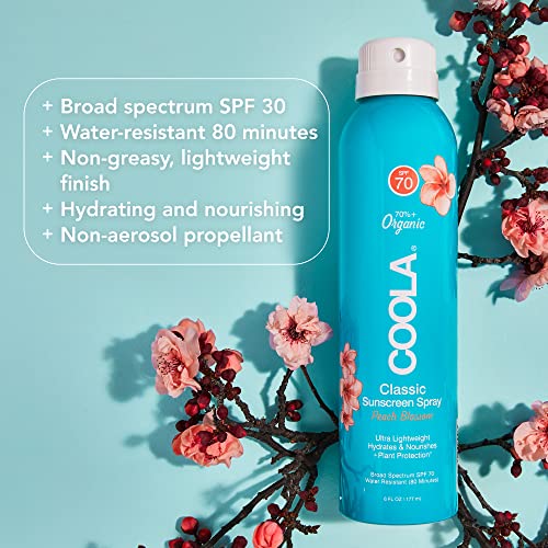 COOLA Organic Sunscreen SPF 70 Sunblock Spray, Dermatologist Tested Skin Care for Daily Protection, Vegan and Gluten Free, Peach Blossom, 6 Fl Oz