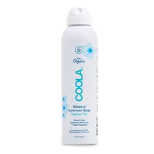 coola organic mineral sunscreen spf 30 sunblock spray, dermatologist tested skin care for daily protection, vegan and gluten free, fragrance free, 5 fl oz