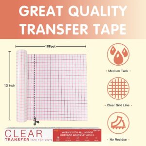 Transfer Tape for Vinyl - 12" x 65 FT w/Green Alignment Grid for Adhesive Vinyl - Medium Tack Vinyl Transfer Tape for for Decals Signs Windows Stickers