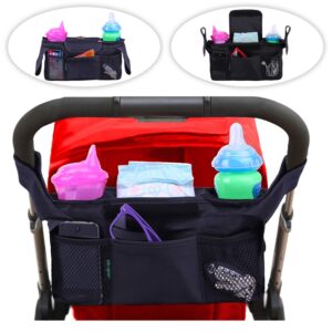 lebogner stroller organizer, insulated deep pocket stroller cup holder to keep warm or cold bottles, extra stroller storage space accessories pouch, secured universal fit black baby diaper hanging bag