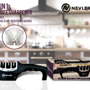 Nevlers 3 in 1 Kitchen Knife Sharpener with Cut Resistant Gloves | Knife Sharpeners for Kitchen Knives Preps, Repairs, Sharpens | Blade Sharpener with Diamond, Ceramic & Tungsten Steel Slots (Black)