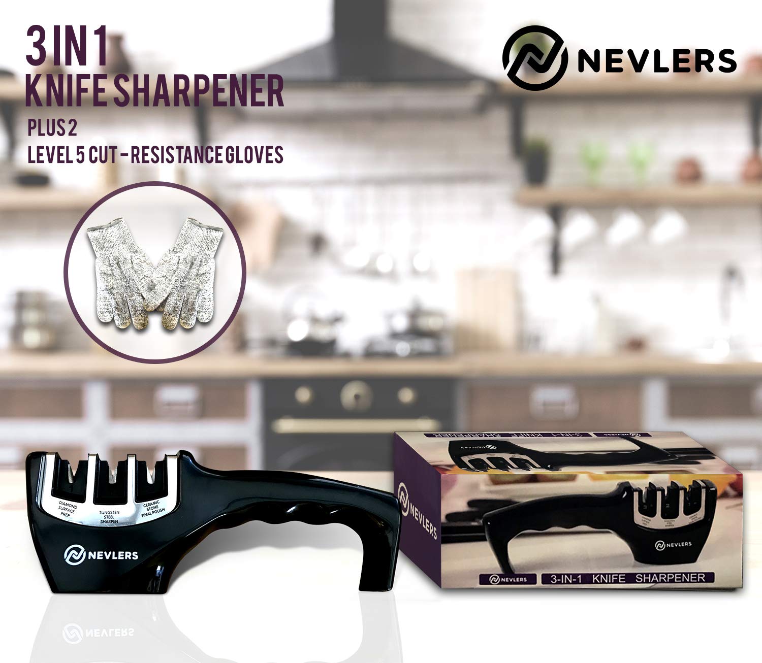 Nevlers 3 in 1 Kitchen Knife Sharpener with Cut Resistant Gloves | Knife Sharpeners for Kitchen Knives Preps, Repairs, Sharpens | Blade Sharpener with Diamond, Ceramic & Tungsten Steel Slots (Black)