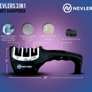 Nevlers 3 in 1 Kitchen Knife Sharpener with Cut Resistant Gloves | Knife Sharpeners for Kitchen Knives Preps, Repairs, Sharpens | Blade Sharpener with Diamond, Ceramic & Tungsten Steel Slots (Black)