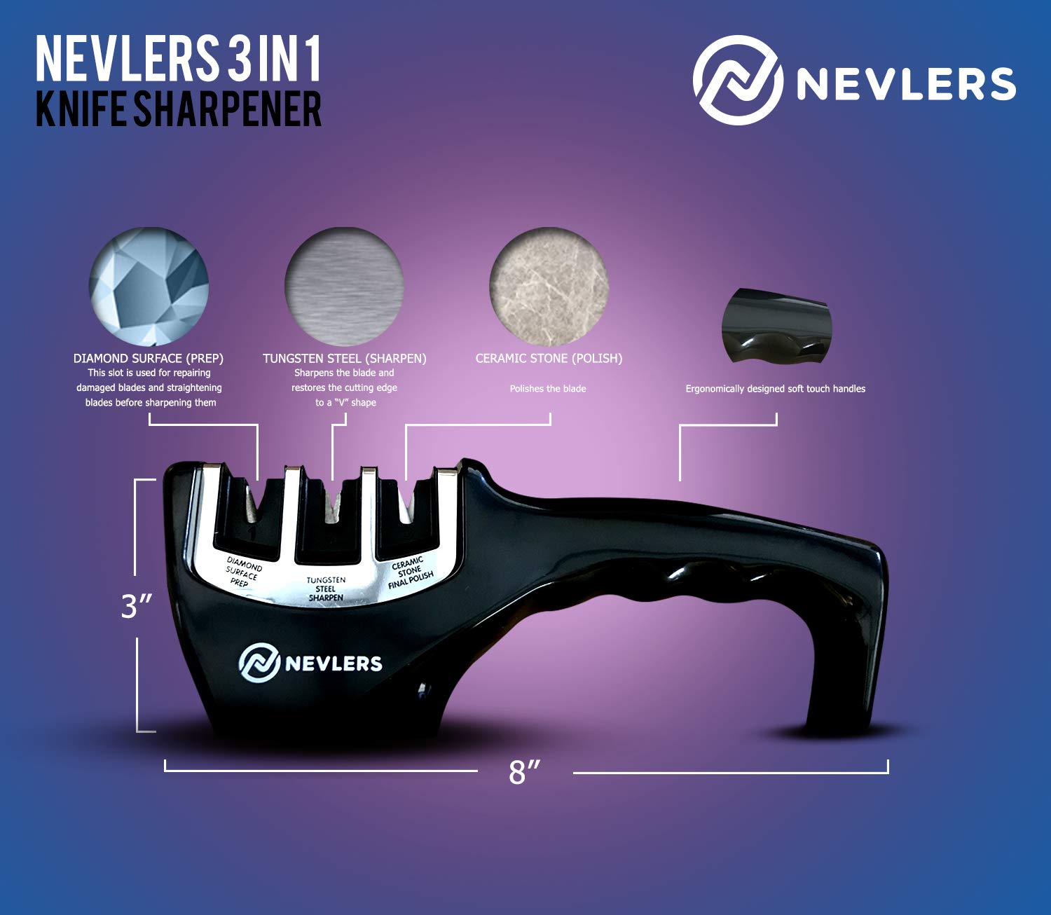 Nevlers 3 in 1 Kitchen Knife Sharpener with Cut Resistant Gloves | Knife Sharpeners for Kitchen Knives Preps, Repairs, Sharpens | Blade Sharpener with Diamond, Ceramic & Tungsten Steel Slots (Black)