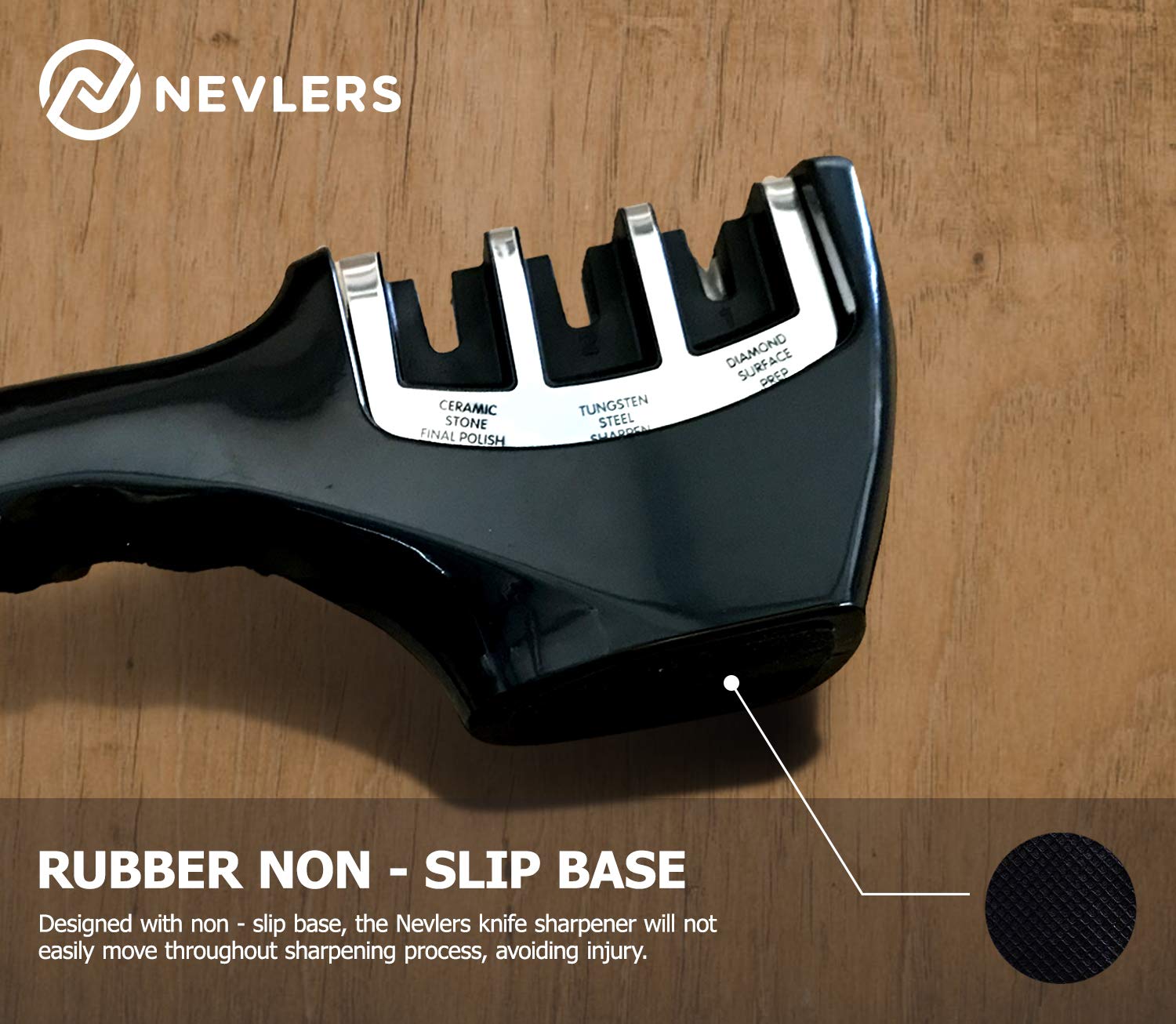 Nevlers 3 in 1 Kitchen Knife Sharpener with Cut Resistant Gloves | Knife Sharpeners for Kitchen Knives Preps, Repairs, Sharpens | Blade Sharpener with Diamond, Ceramic & Tungsten Steel Slots (Black)