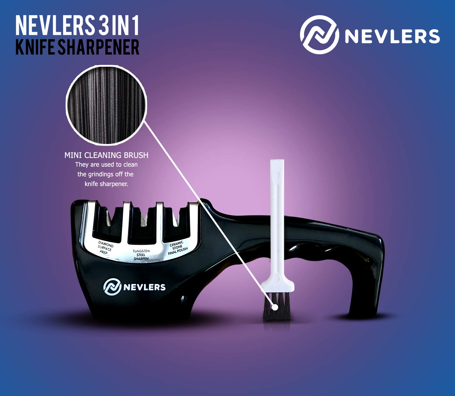 Nevlers 3 in 1 Kitchen Knife Sharpener with Cut Resistant Gloves | Knife Sharpeners for Kitchen Knives Preps, Repairs, Sharpens | Blade Sharpener with Diamond, Ceramic & Tungsten Steel Slots (Black)