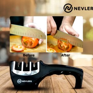 Nevlers 3 in 1 Kitchen Knife Sharpener with Cut Resistant Gloves | Knife Sharpeners for Kitchen Knives Preps, Repairs, Sharpens | Blade Sharpener with Diamond, Ceramic & Tungsten Steel Slots (Black)