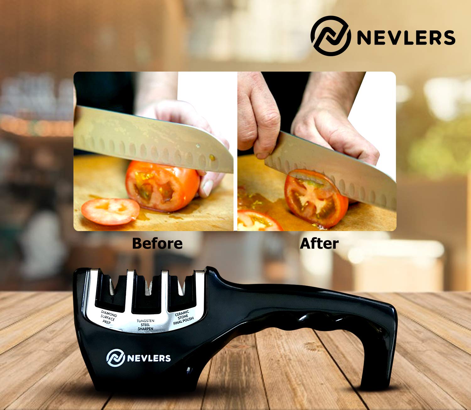 Nevlers 3 in 1 Kitchen Knife Sharpener with Cut Resistant Gloves | Knife Sharpeners for Kitchen Knives Preps, Repairs, Sharpens | Blade Sharpener with Diamond, Ceramic & Tungsten Steel Slots (Black)