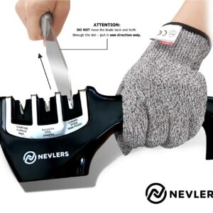 Nevlers 3 in 1 Kitchen Knife Sharpener with Cut Resistant Gloves | Knife Sharpeners for Kitchen Knives Preps, Repairs, Sharpens | Blade Sharpener with Diamond, Ceramic & Tungsten Steel Slots (Black)