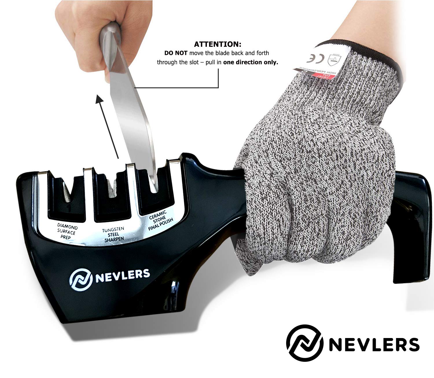 Nevlers 3 in 1 Kitchen Knife Sharpener with Cut Resistant Gloves | Knife Sharpeners for Kitchen Knives Preps, Repairs, Sharpens | Blade Sharpener with Diamond, Ceramic & Tungsten Steel Slots (Black)