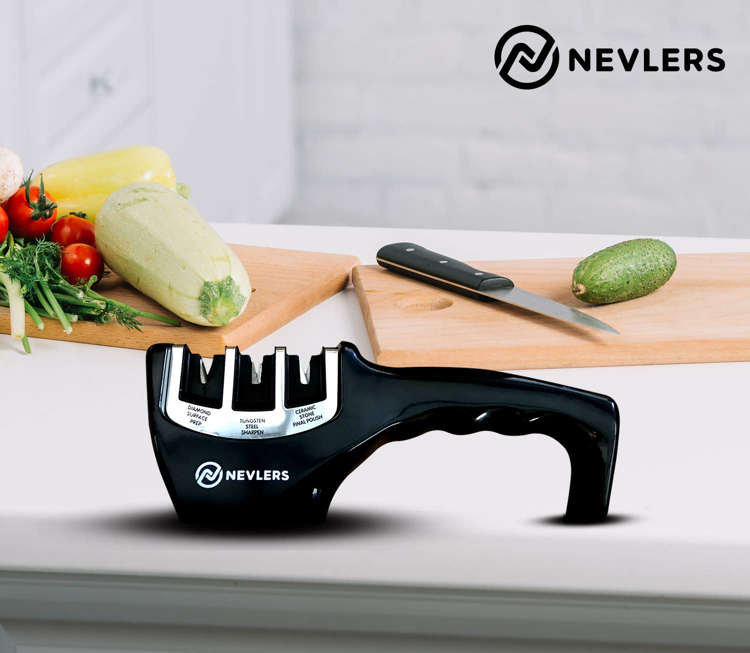 Nevlers 3 in 1 Kitchen Knife Sharpener with Cut Resistant Gloves | Knife Sharpeners for Kitchen Knives Preps, Repairs, Sharpens | Blade Sharpener with Diamond, Ceramic & Tungsten Steel Slots (Black)