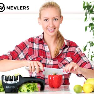 Nevlers 3 in 1 Kitchen Knife Sharpener with Cut Resistant Gloves | Knife Sharpeners for Kitchen Knives Preps, Repairs, Sharpens | Blade Sharpener with Diamond, Ceramic & Tungsten Steel Slots (Black)