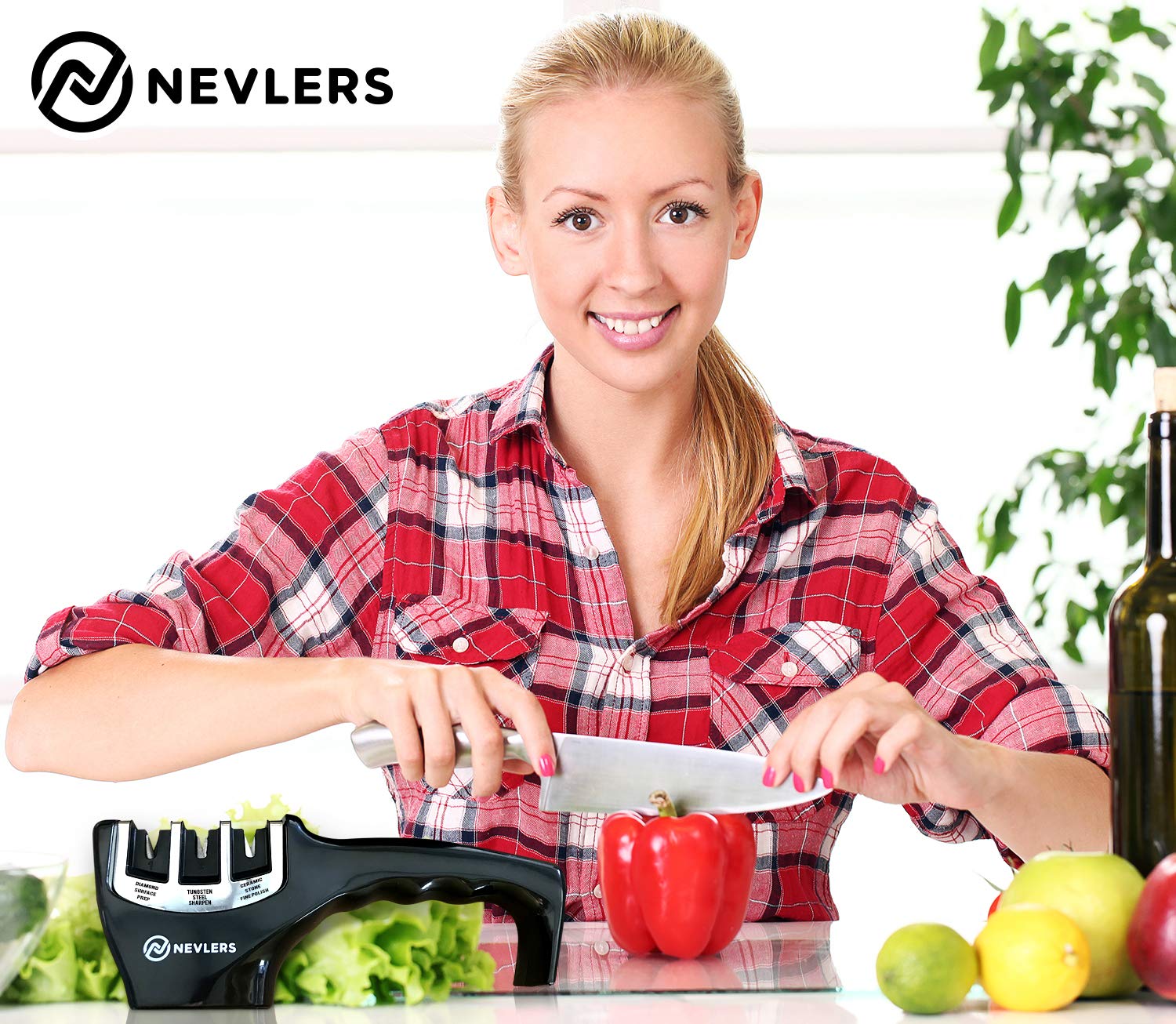 Nevlers 3 in 1 Kitchen Knife Sharpener with Cut Resistant Gloves | Knife Sharpeners for Kitchen Knives Preps, Repairs, Sharpens | Blade Sharpener with Diamond, Ceramic & Tungsten Steel Slots (Black)