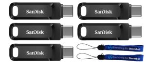 sandisk 64gb ultra dual drive go (sdddc3-064g-g46) 2-in-1 usb type-a & type-c flash drive - 5 pack bundle with 2 everything but stromboli lanyards