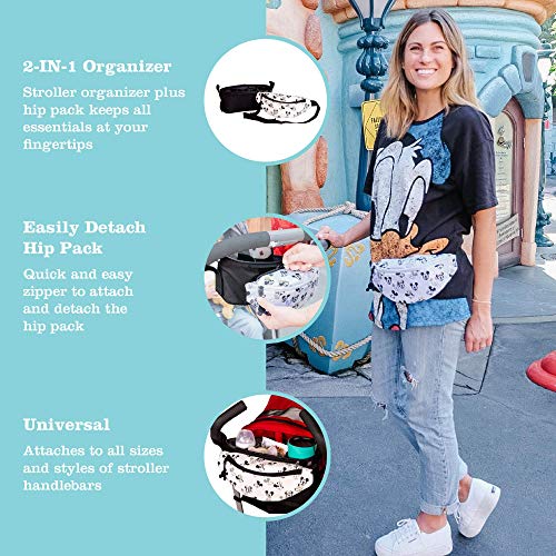 Disney Baby by J.L. Childress Universal Stroller Organizer with Detachable Hip Fanny Pack - Stroller Accessory with Belt Waist Bag - Stroller Cup Holder and Cell Phone Pocket - Mickey Minnie Ivory