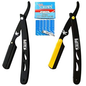 kaliph professional barber straight razor for men - premium pack of 2pcs shavette straight razor with 100 shaving blades - salon quality men's manual cut throat razor for close shaving (black & gold)