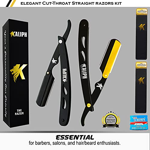 Kaliph Professional Barber Straight Razor For Men - Premium Pack of 2Pcs Shavette Straight Razor With 100 Shaving Blades - Salon Quality Men's Manual Cut Throat Razor For Close Shaving (Black & Gold)