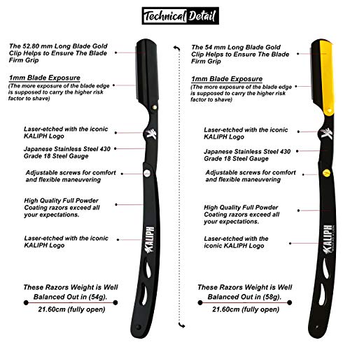 Kaliph Professional Barber Straight Razor For Men - Premium Pack of 2Pcs Shavette Straight Razor With 100 Shaving Blades - Salon Quality Men's Manual Cut Throat Razor For Close Shaving (Black & Gold)