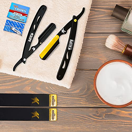 Kaliph Professional Barber Straight Razor For Men - Premium Pack of 2Pcs Shavette Straight Razor With 100 Shaving Blades - Salon Quality Men's Manual Cut Throat Razor For Close Shaving (Black & Gold)