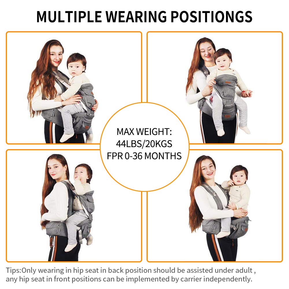 JooBebe Baby Hip Seat Carrier - 6 in 1 Front Back Breathable Polyester Ergonomic Hipseat Infant Backpack Carrier with Adjustable Straps Detachable Hood for Newborn 4 to 36 Months,4 Season/Gray