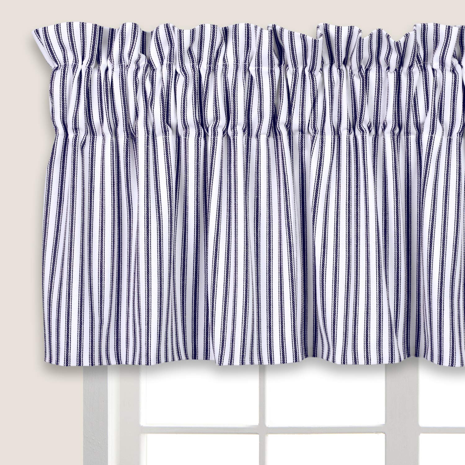 Cackleberry Home Navy Blue and White Ticking Stripe Valance Curtain Woven Cotton Lined 54 Inches W x 17 Inches L